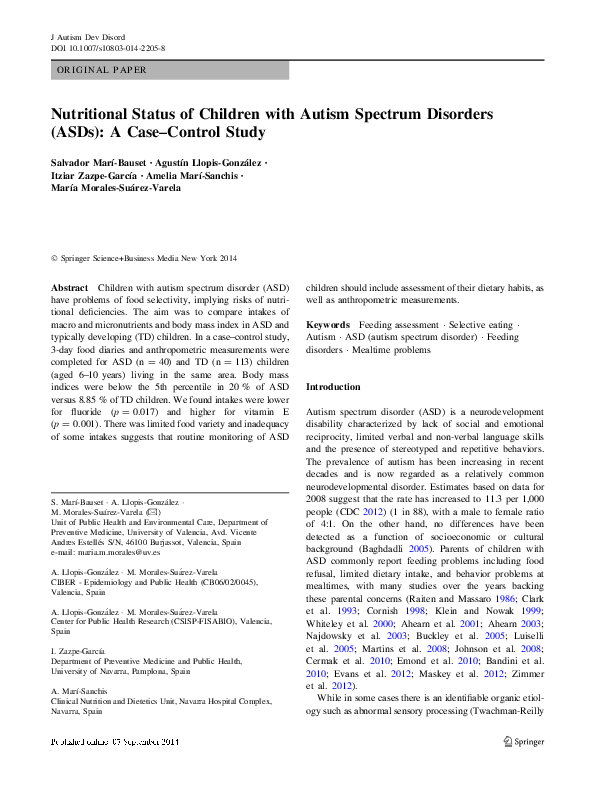 (PDF) Nutritional Status of Children with Autism Spectrum Disorders ...