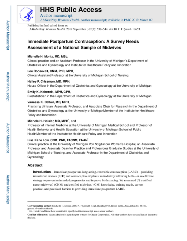 (PDF) Immediate Postpartum Contraception: A Survey Needs Assessment of ...
