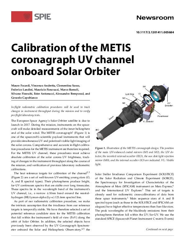 (PDF) Calibration of the METIS coronagraph UV channel onboard Solar Orbiter