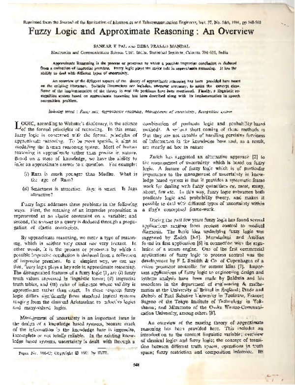 (PDF) Fuzzy Logic and Approximate Reasoning: An Overview