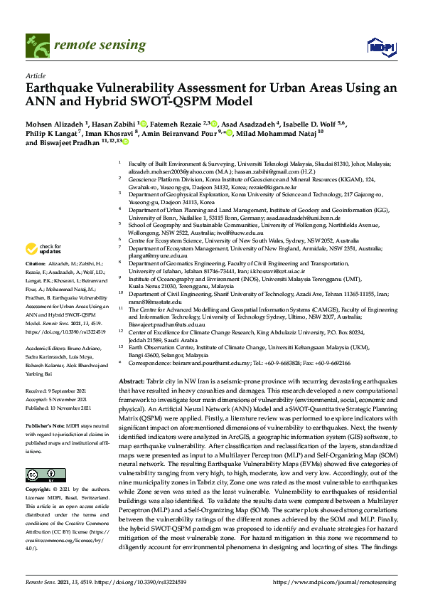 (PDF) Earthquake Vulnerability Assessment for Urban Areas Using an ANN and Hybrid SWOT-QSPM Model