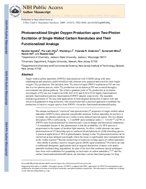 (PDF) Photosensitized Singlet Oxygen Production upon Two-Photon Excitation of Single-Walled ...