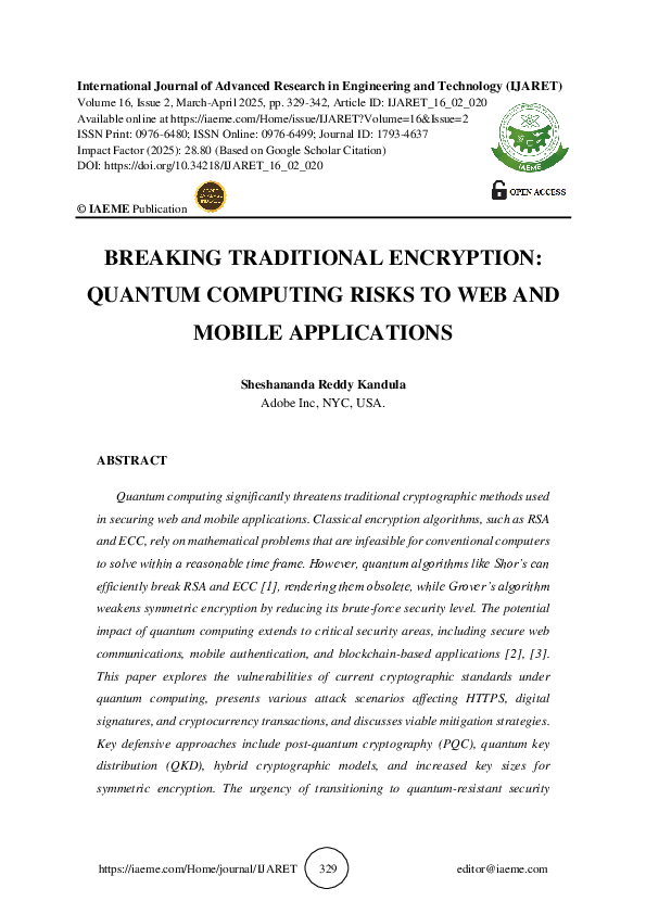 (PDF) BREAKING TRADITIONAL ENCRYPTION: QUANTUM COMPUTING RISKS TO WEB AND MOBILE APPLICATIONS
