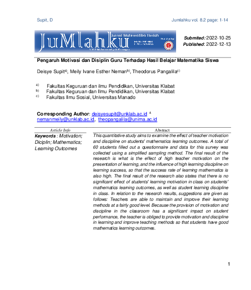 (PDF) Pengaruh Motivasi Dan Disiplin Guru Terhadap Hasil Belajar Matematika Siswa