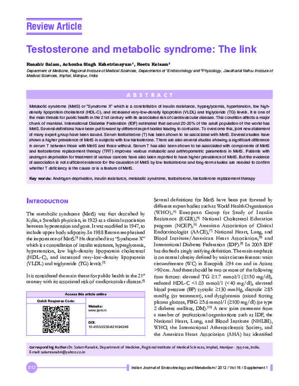 (PDF) Testosterone and metabolic syndrome: The link