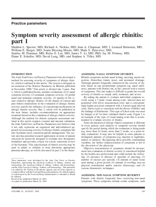 (PDF) Symptom severity assessment of allergic rhinitis: part 1