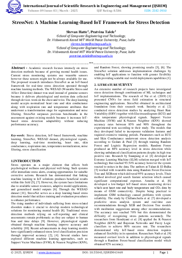 (PDF) StressNet: A Machine Learning-Based IoT Framework for Stress Detection