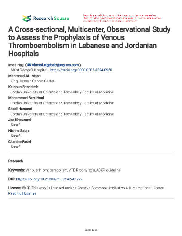 (PDF) A Cross-sectional, Multicenter, Observational Study to Assess the Prophylaxis of Venous ...