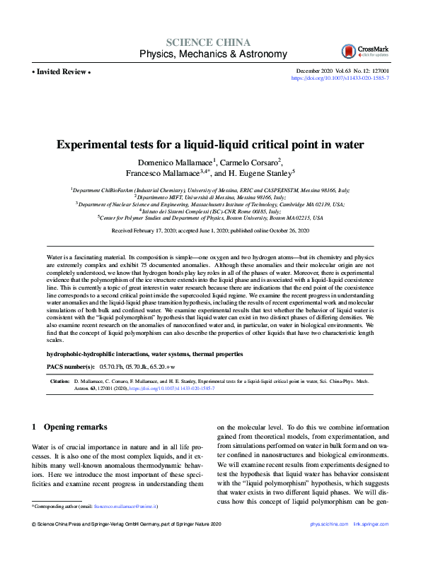 (PDF) Experimental tests for a liquid-liquid critical point in water