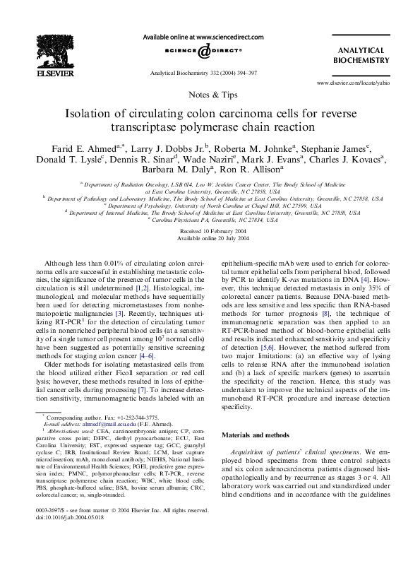 (PDF) Isolation of circulating colon carcinoma cells for reverse ...