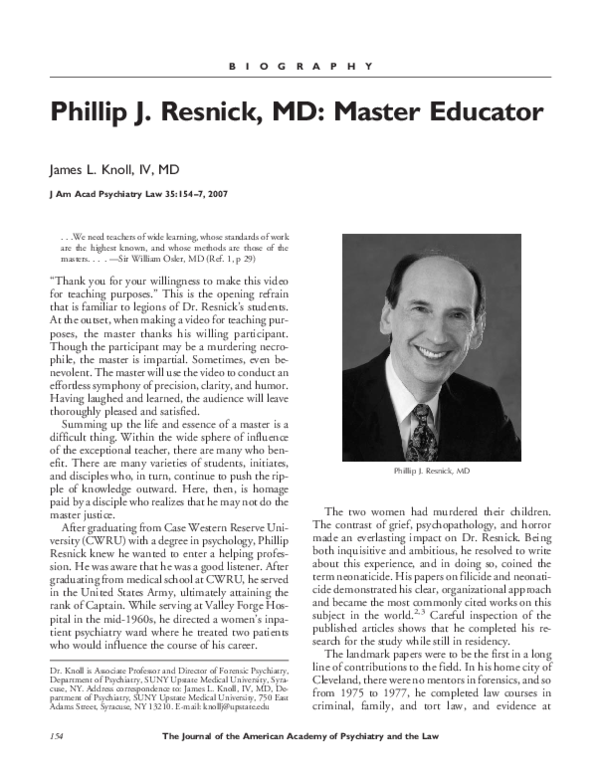 (PDF) Phillip J. Resnick, MD: Master Educator
