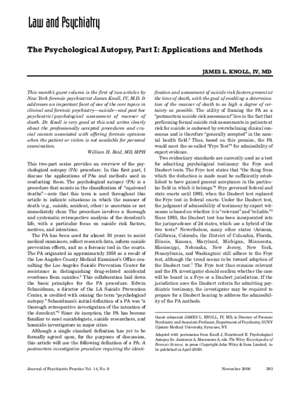 (PDF) The Psychological Autopsy, Part I