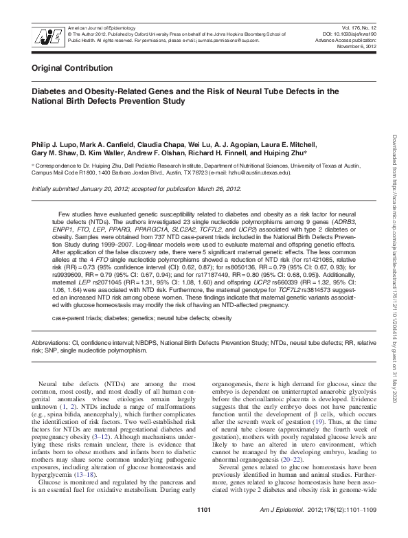 (PDF) Diabetes and Obesity-Related Genes and the Risk of Neural Tube ...