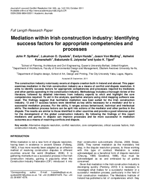 (PDF) Mediation within Irish Construction Industry: Identifying Success ...