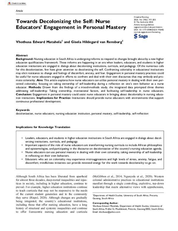 (PDF) Towards Decolonizing the Self: Nurse Educators' Engagement in ...