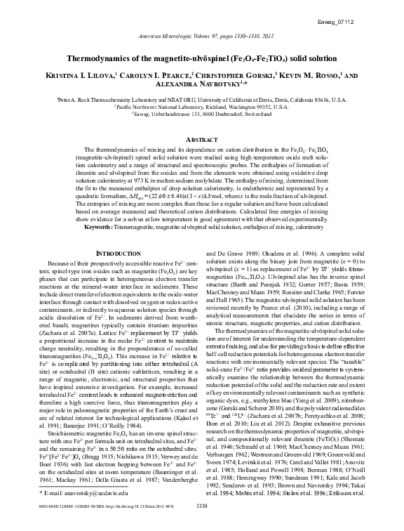 (PDF) Thermodynamics of the magnetite-ulvospinel (Fe3O4-Fe2TiO4) solid ...