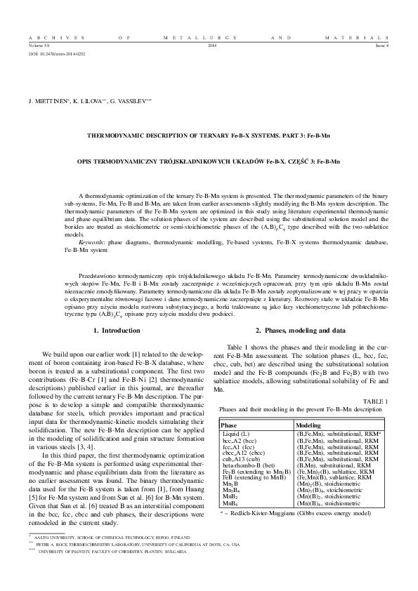 (PDF) Thermodynamic Description of Ternary Fe-B-X Systems. Part 3: Fe-B-Mn/ Opis Termodynamiczny ...