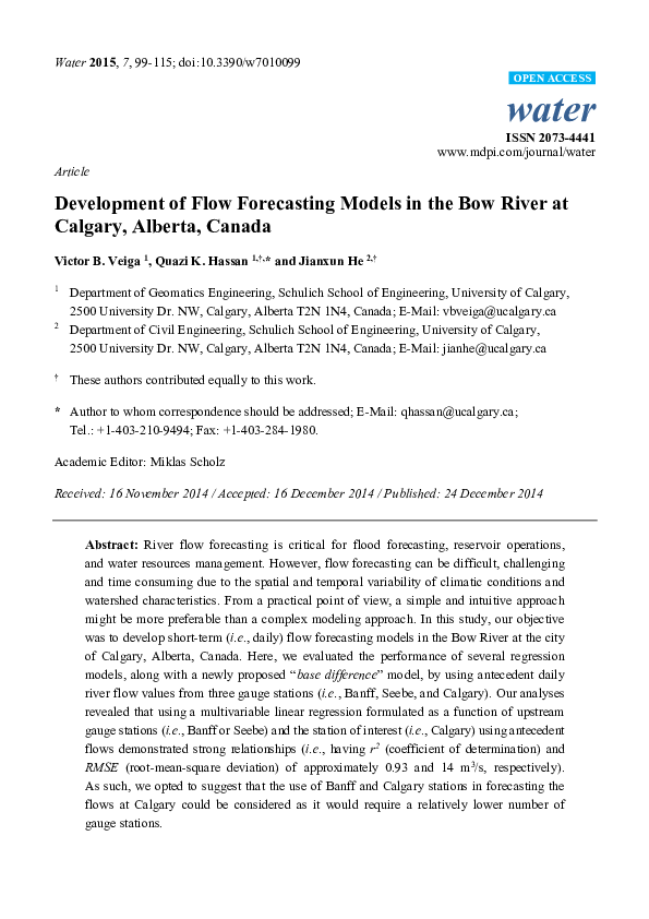 (PDF) Development of Flow Forecasting Models in the Bow River at Calgary, Alberta, Canada