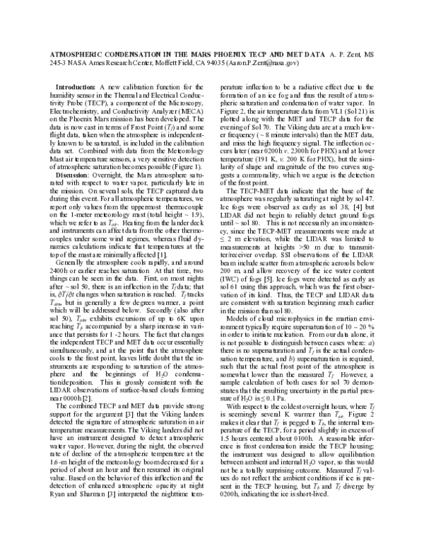(PDF) Atmospheric Condensation in the Mars Phoenix TECP and MET Data