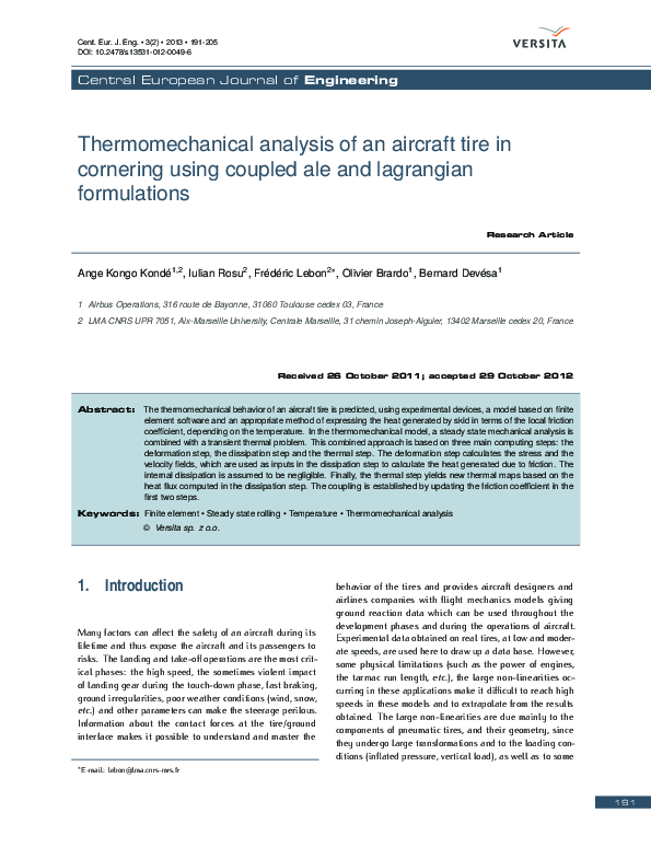 (PDF) Thermomechanical analysis of an aircraft tire in cornering using coupled ale and ...