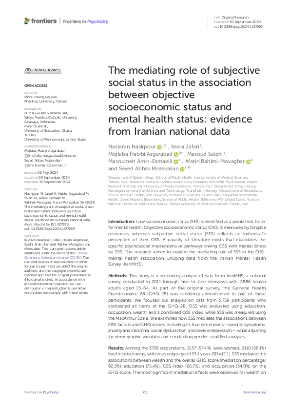 (PDF) The mediating role of subjective social status in the association between objective ...