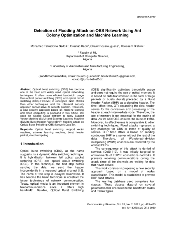 (PDF) Detection of Flooding Attack on OBS Network Using ant Colony Optimization and Machine Learning