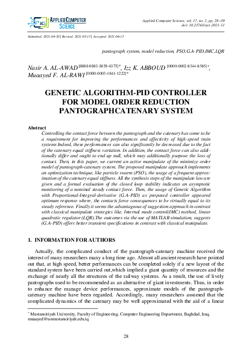 (PDF) Genetic Algorithm-Pid Controller for Model Order Reduction Pantographcatenary System