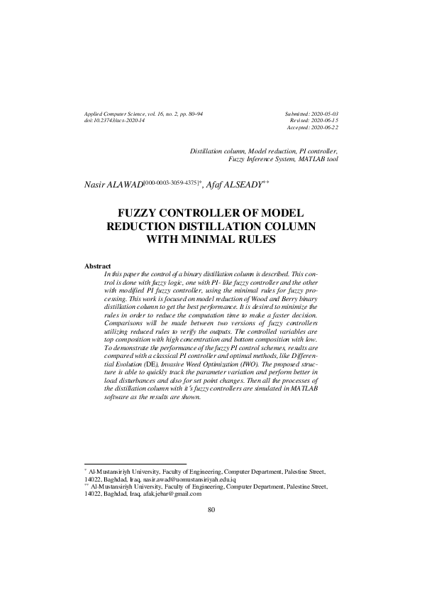 (PDF) Fuzzy Controller of Model Reduction Distillation Column with Minimal Rules
