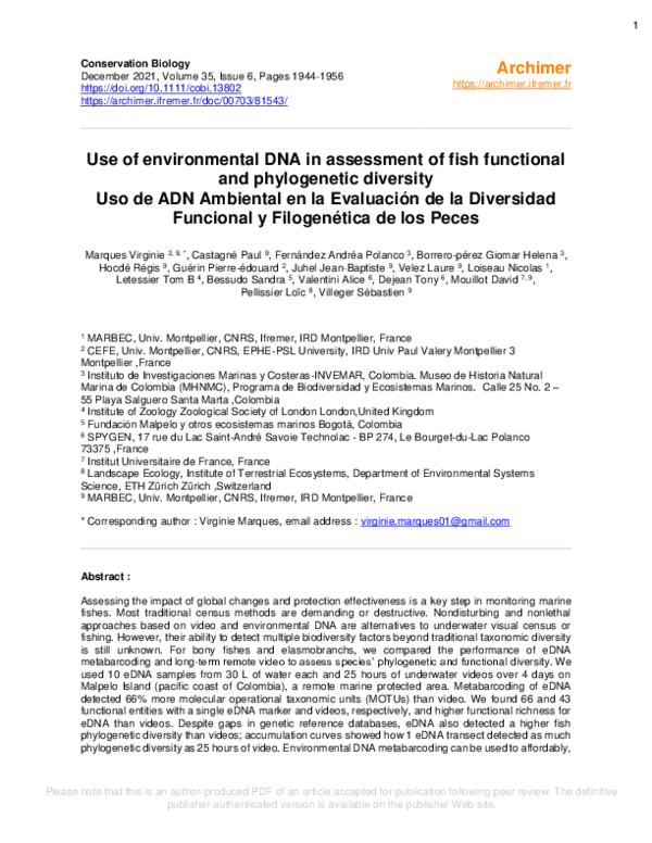 (PDF) Use of environmental DNA in assessment of fish functional and ...