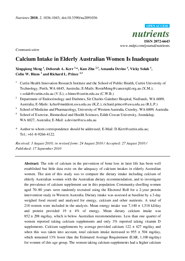 (PDF) Calcium Intake in Elderly Australian Women Is Inadequate