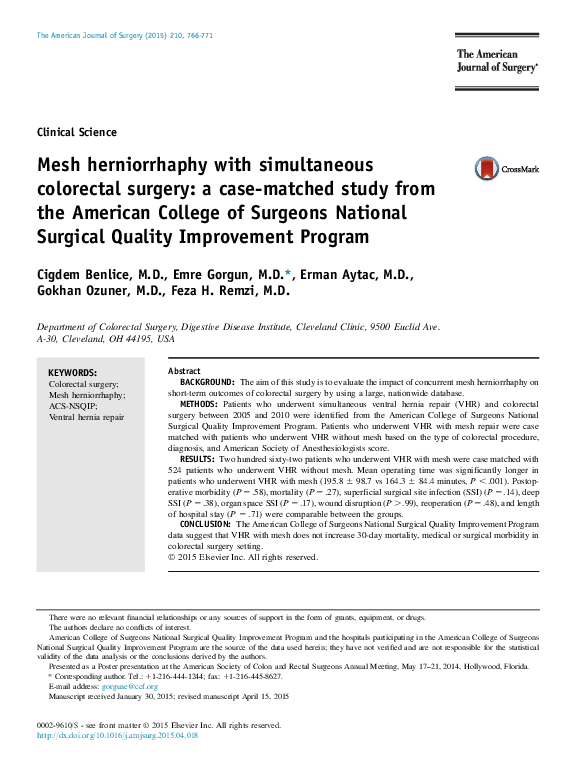 (PDF) Mesh herniorrhaphy with simultaneous colorectal surgery: a case ...