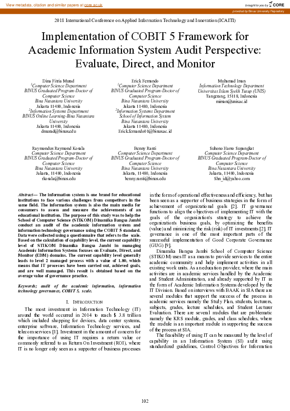 (PDF) Implementation of COBIT 5 Framework for Academic Information System Audit Perspective ...