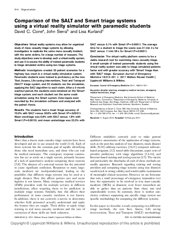 (PDF) Comparison of the SALT and Smart triage systems using a virtual ...