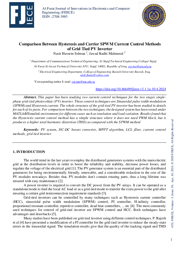 (PDF) Comparison Between Hysteresis and Carrier SPWM Current Control Methods of Grid Tied PV ...