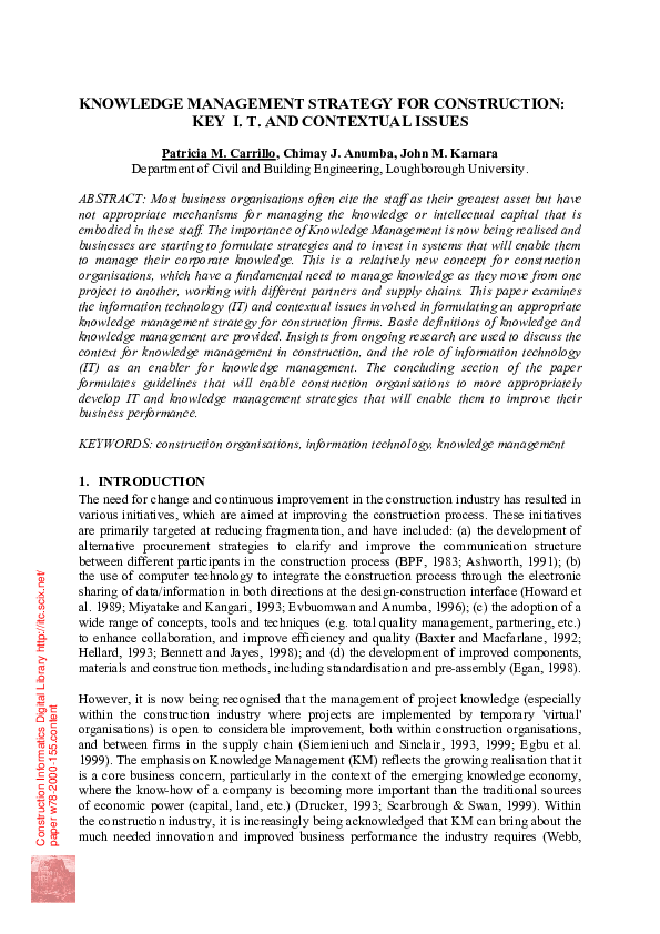 (PDF) Knowledge management strategy for construction: key IT and contextual issues
