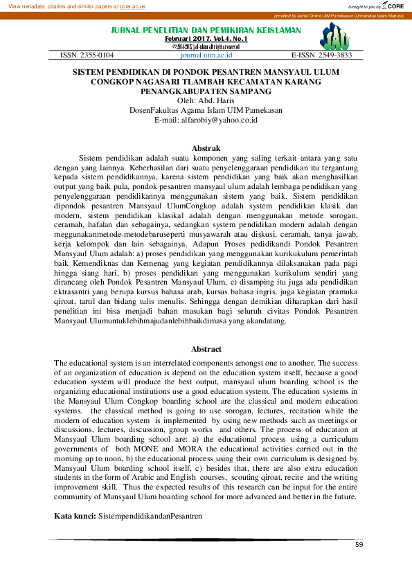(PDF) Sistem Pendidikan DI Pondok Pesantren Mansyaul Ulum Congkop ...