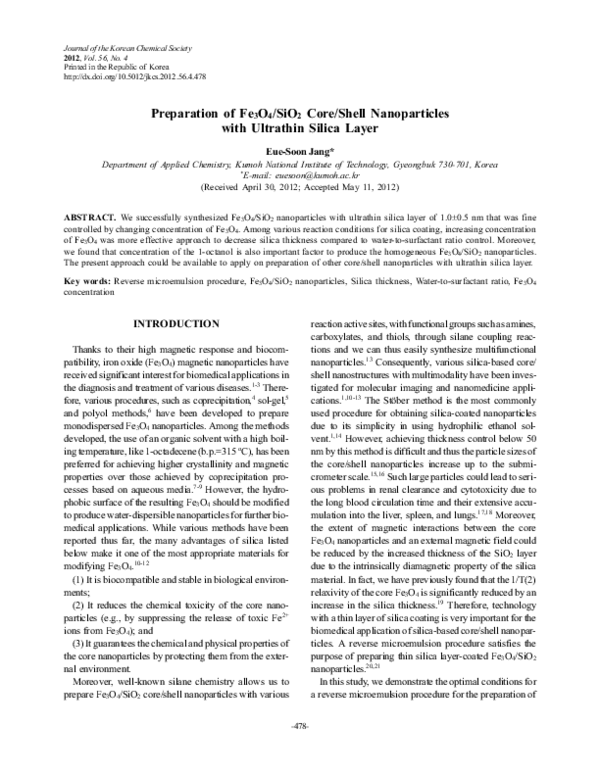 (PDF) Preparation of Fe3O4/SiO2Core/Shell Nanoparticles with Ultrathin Silica Layer