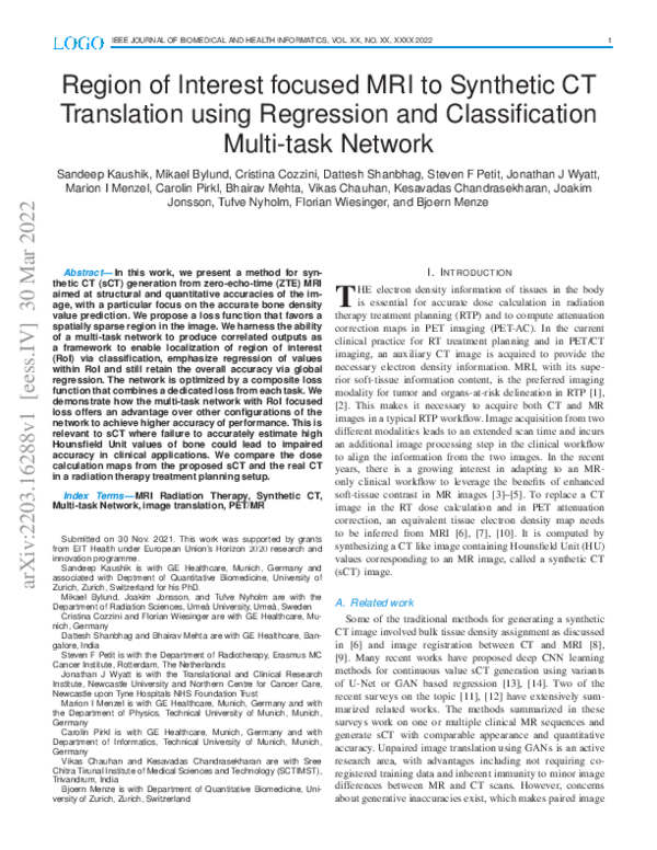 (PDF) Region of Interest focused MRI to Synthetic CT Translation using Regression and ...