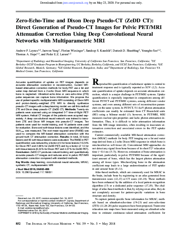(PDF) Zero-Echo-Time and Dixon Deep Pseudo-CT (ZeDD CT): Direct Generation of Pseudo-CT Images ...