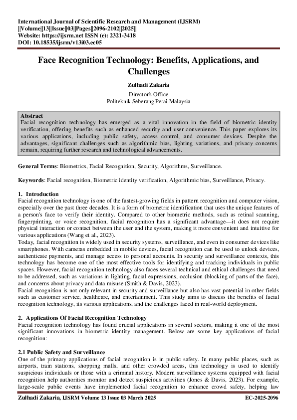 (PDF) Face Recognition Technology: Benefits, Applications, and Challenges