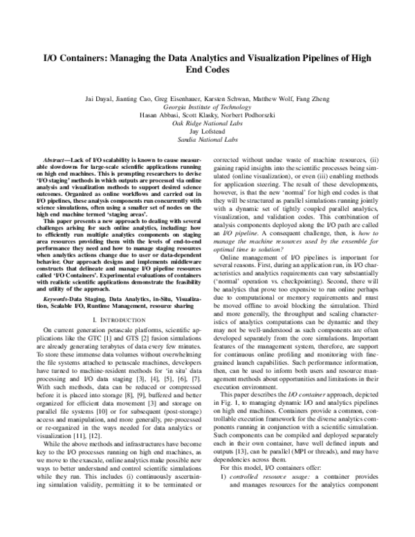 (PDF) I/O Containers: Managing the Data Analytics and Visualization Pipelines of High End Codes