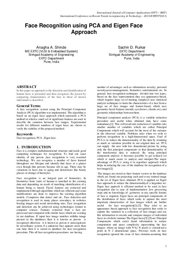 (PDF) Face Recognition using PCA and Eigen face approach