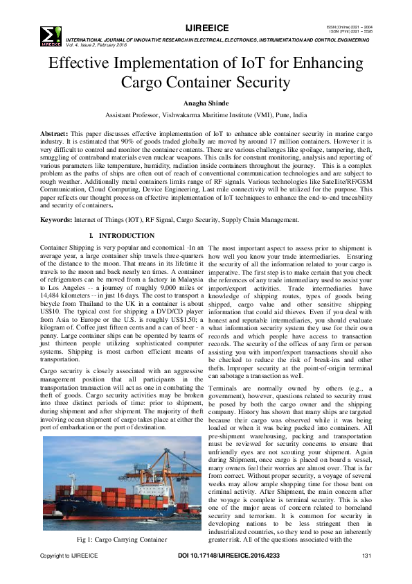 (PDF) Effective Implementation of IoT for Enhancing Cargo Container Security