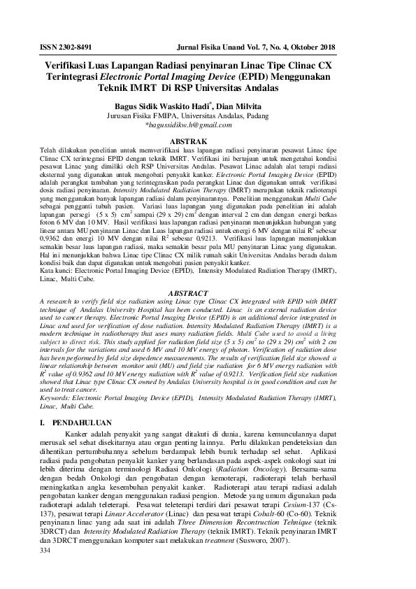 (PDF) Verifikasi Luas Lapangan Radiasi penyinaran Linac Tipe Clinac CX ...