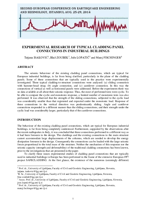 (PDF) Experimental Research of Typical Cladding Panel Connections in ...