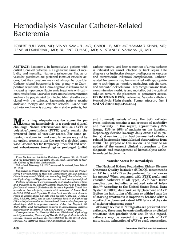 (PDF) Hemodialysis Vascular Catheter-Related Bacteremia