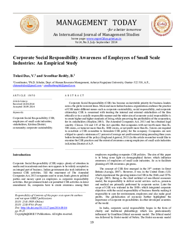 (PDF) Corporate Social Responsibility Awareness of Employees of Small Scale Industries: An ...