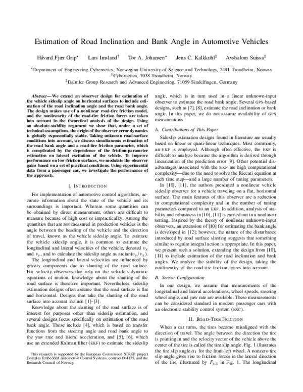 (PDF) Estimation of road inclination and bank angle in automotive vehicles