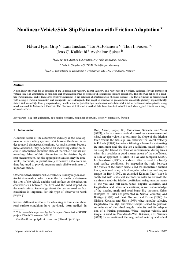 (PDF) Nonlinear vehicle side-slip estimation with friction adaptation