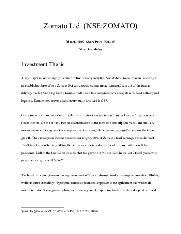 (PDF) Zomato Ltd. (NSE:ZOMATO) Fundamental Analysis March 2025
